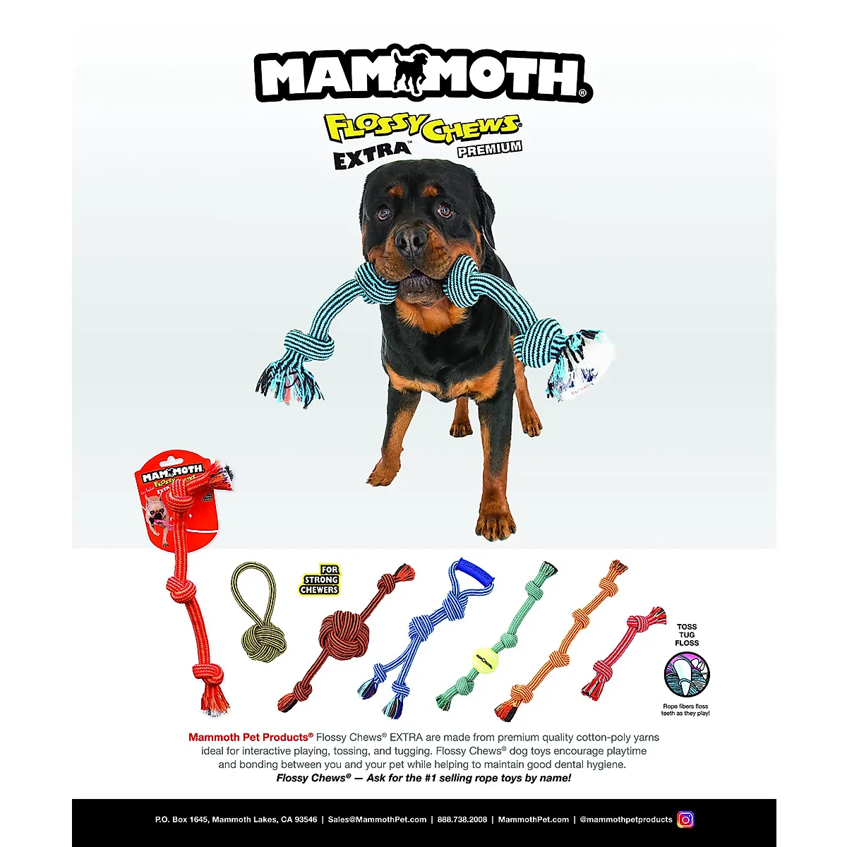 Mammoth Pet Products 25077F Mammoth Flossy Chews Extra Large Twin Tug with Handle, 24", Assorted Multicolor