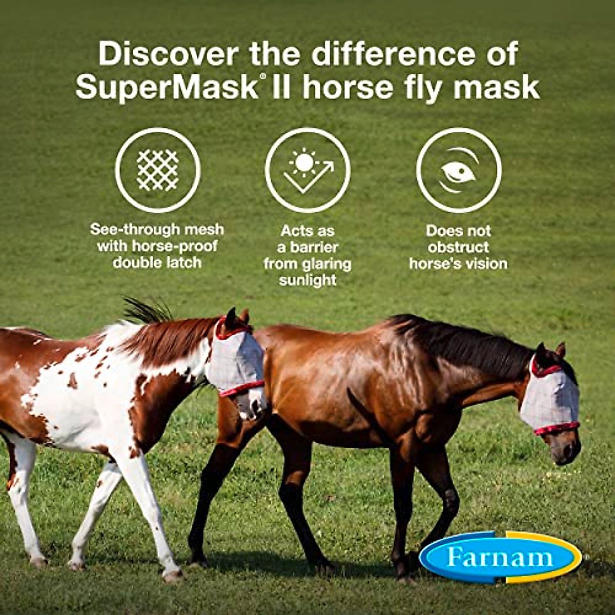 SuperMask II Fly Mask Without Ears for Smaller Horses or Arabian Horses, Full Face Coverage and Eye Protection from Insect Pests, Structured Classic Mesh with Plush Trim, Small Horse/Arabian Size