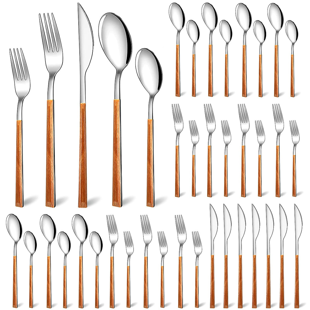 Wood Handle Silverware Set, Stainless Steel Cutlery Set with Imitation Wood Grain Handle Silver Mirror Polished Dishwasher Safe for Household Kitchen Utensils Restaurant Hotel Party (40)