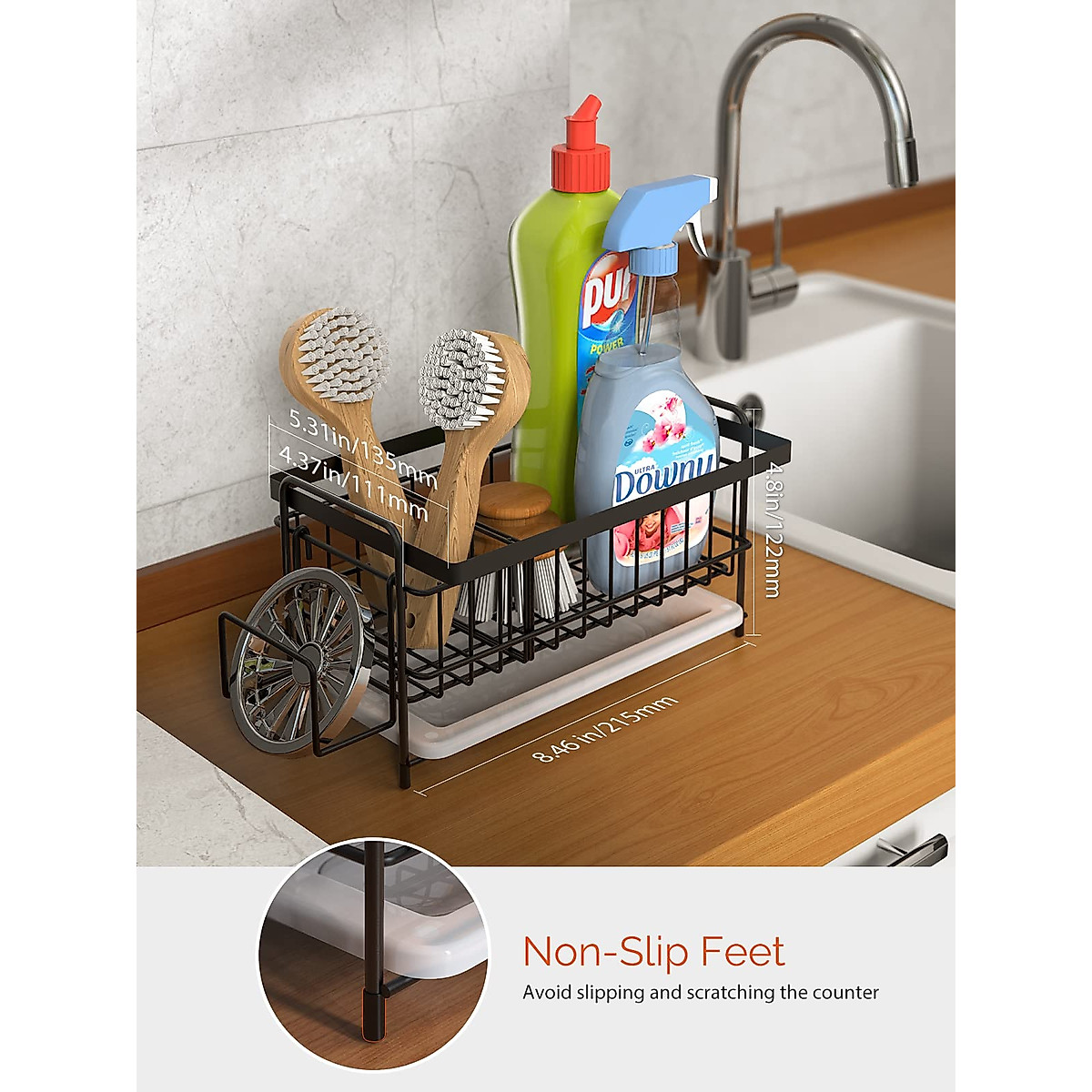 FixOwl Sink Caddy Kitchen Sink Organizer Sponge Holder for Kitchen Sink Non-Slip Countertop Organizer SUS304 with Removable Tray, Black