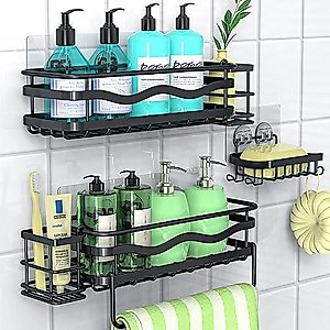 3Free 6 Pack Shower Caddy, Strong Adhesive Shower Organizer with Soap Holders No Drilling Shower Shelves, Rustproof SUS304 Stainless Steel Bathroom Shower Shelf for Inside Shower (Black)