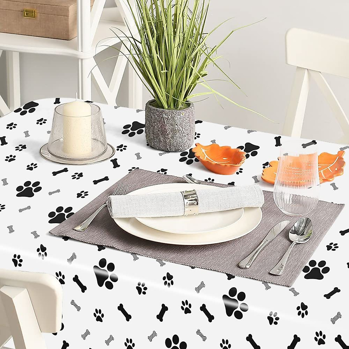 QEYMN Puppy Paw Print Plastic Tablecloth Table Cover, 2 Pack Pupply Paw Print Disposable Rectangle Table Cover for Kids Birthday Party, Puppy Themed Birthday Party Decorations, 54x108 inch