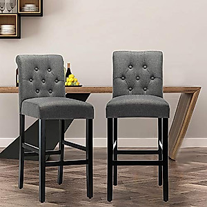 LSSBOUGHT 30 Inches Stylish Fabric Barstools with Solid Wood Legs and Button-Tufted Back,Set of 2 (Gray)