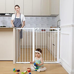 COMOMY 36" Extra Tall Baby Gate for Stairs Doorways, Fits Openings 29.5" to 48.8" Wide, Auto Close Extra Wide Dog Gate for House, Pressure Mounted Easy Walk Through Pet Gate with Door, White