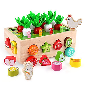 SKYFIELD Montessori Wooden Garden Toy for Baby Boys Girls 1 2 3 Years Old, Fine Motor Skills Developmental Gift Toy Color Shape Fruit Sorting Orchard Cart Farm Game for Toddler 1-3
