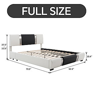 Benevika Modern Low Bed Frame with LED Lights,Faux Leather Full Size Platform Bed with Headboard, Strong Wooden Slats Support, No Box Spring Needed, White & Black