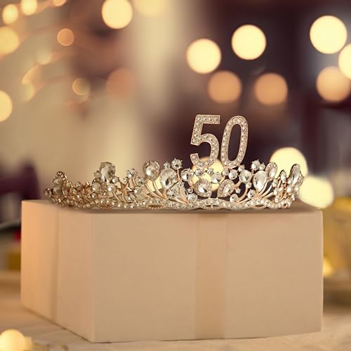 SWEETV 50th Birthday Crown Tiara Sash for Women Rose Gold Birthday Queen Sash and Tiara Crown Set Rhinestone Princess Headband for Birth Day Party Photograph, for Ages 15+