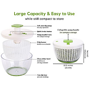Brieftons QuickPush Salad Spinner: Large 6.3-Quart Vegetable Washer Dryer Strainer Drainer, Easy One-Handed Handle & Brake, Fast Spin Cycles, Compact Storage, to Wash, Clean & Dry Vegetables, Fruits
