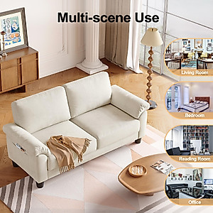 70" Living Room Couch Sofa, Mid Century Modern Loveseat with Storage Bag, Velvet Deep Couches for Small Spaces, Bedroom, Apartment, Office, Removable Sofa Cover Spring Cushions, Easy to Install, Beige