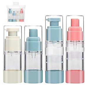 miermagic 1/2oz 1oz Vacuum Cosmetic Bottles Toiletries, Plastic Airless Pump/Spray Bottles for Toner, Cream and Shampoo, Travel Size Dispenser Refillable Containers (Pack of 4)