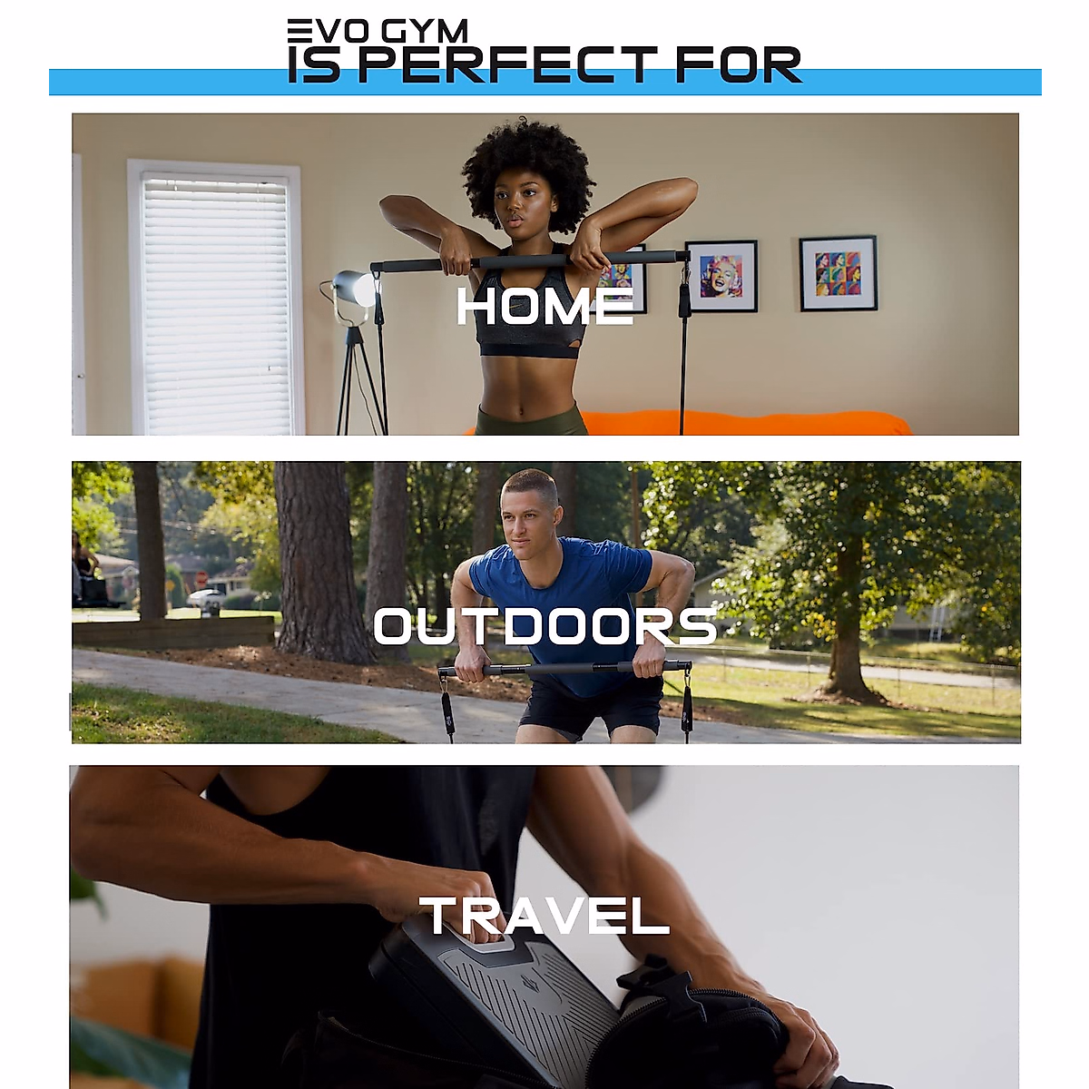 EVO Gym - Portable Home Gym Strength Training Equipment, at Home Gym | All in One Gym - 10 Resistance Bands, Base Holds Gym Bar & Handles for Travel | Portable Gym & Home Exercise Equipment | 320LBS