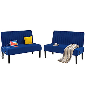 STHOUYN Mini Small Comfy Couch Armless Loveseat Sofa for Bedroom with USB Port, Velvet Small Couches for Small Spaces Living Room, Apartment Office Dorm (Navy Blue)