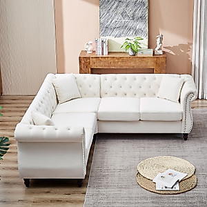 ATUMON 83.5" Oversized L-Shaped Corner Velvet Couch,Heavy Duty Solid Wood Frame and Sturdy Wood Legs,5-Seater Corner Sofas with 3 Pillows for Living Room, Bedroom, Apartment, Office (83.5" Beige)