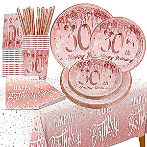 30th birthday decorations for women her - (Total 121pcs) rose gold Birthday supplies Plates and Napkins, Cups, Straws, tablecloth, Disposable Tableware for 24 Guests