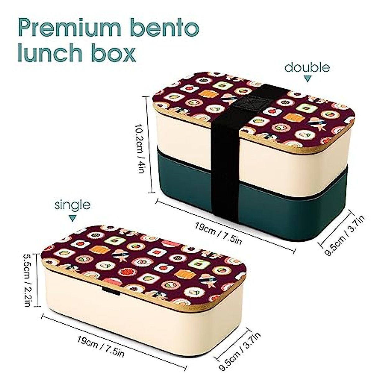 Japanese Food Sushi Pattern Adult Lunch Box with 2 Compartments & Cutlery Leak Proof Meal Prep Containers for Work Travel