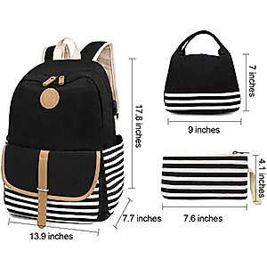 EZYCOK School Backpack for Teen Girls Women with USB Charging Port, Lightweight Canvas Backpack College Bookbag with Lunch Bag and Pencil Case, Black