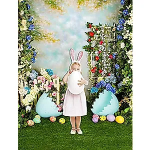 5x7ft Spring Easter Backdrops for Photography Rabbit Colorful Eggs Flower Wooden Wall Grass Backdrop Baby Shower Photo Background Kids Newborn Birthday Party Banner Decorations Studio Booth Props