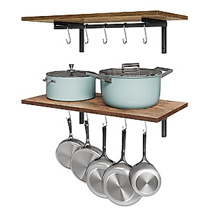 OROPY 2 Pack Wooden 23.6'' Pot Pan Hanging Rack Wall Mounted with 10 S Hooks, Set of 2 Large Pot Wall Holder Kitchen Shelves for Utensils, Cookware