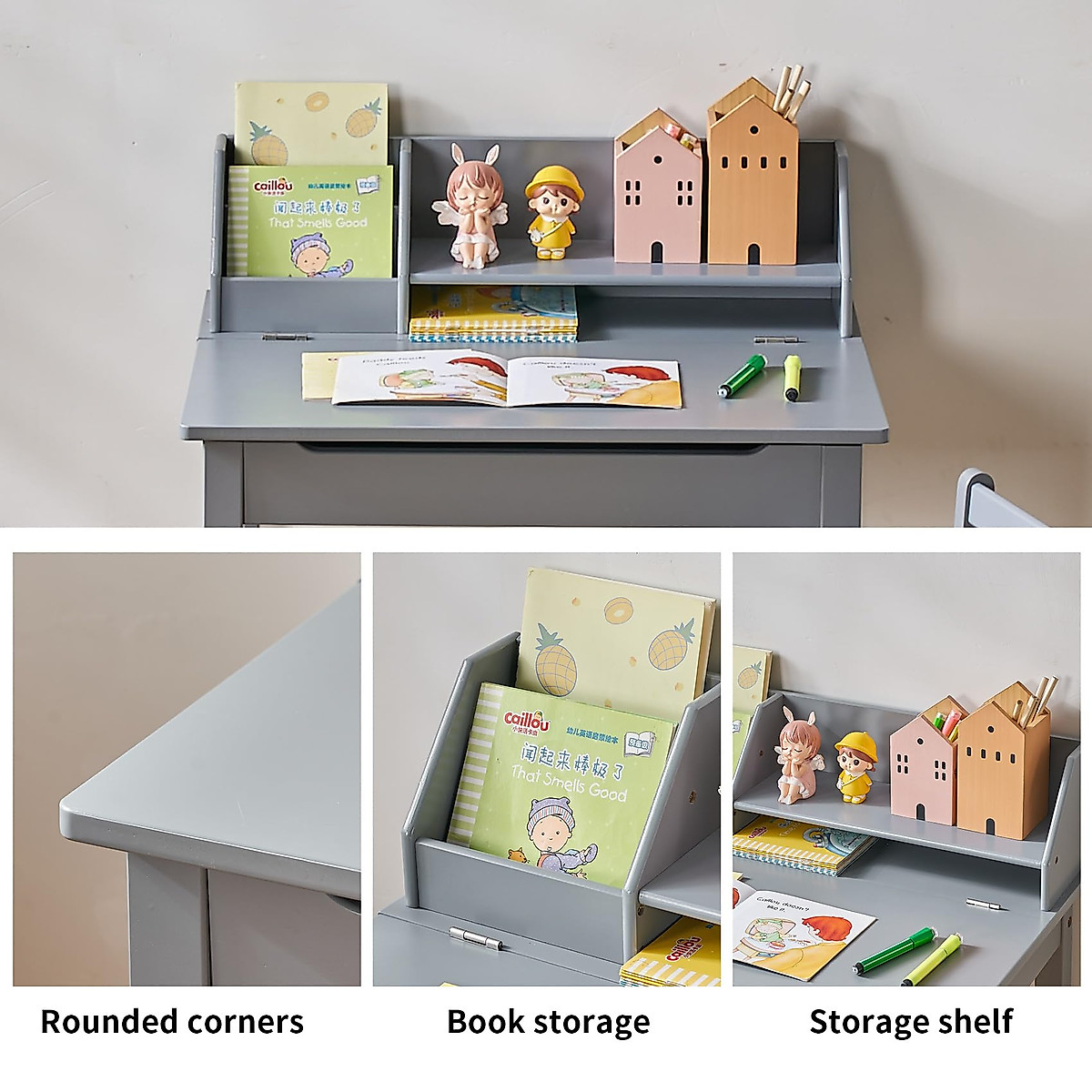 UNICOO Bamboo Toddler Desk and Chair Set, Lift-Top Desk & Chair Set for 3-8 Years Old Toddlers, Children Writing Desk with Storage and Hutch for Home School Use (C007 - Grey)