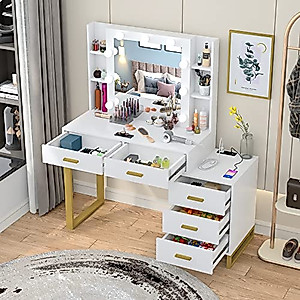 PAKASEPT Vanity Makeup Desk with Lights and Charging Station, Dressing Table Vanity Desk with Mirror and Lights,Storage Shelves, Drawers for Bedroom,White