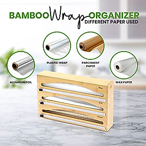 Utopia Kitchen 3 in 1 Foil and Plastic Wrap Organizer, Plastic Wrap Dispenser with Cutter, Bamboo Dispenser for Kitchen Organization and Storage - Fits 12 Inch Rolls - Natural