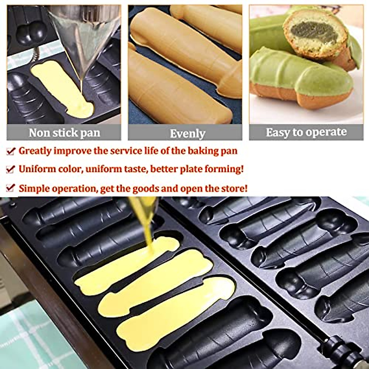 Mvckyi Commercial 8 PCS Electric Waffle Maker with removable plates, Non Stick Penis Shape Waffle Machine Hot Dog Baker, Strange Shape Sausage Grill Waffle Baker for Fast Food Restaurant Equipment