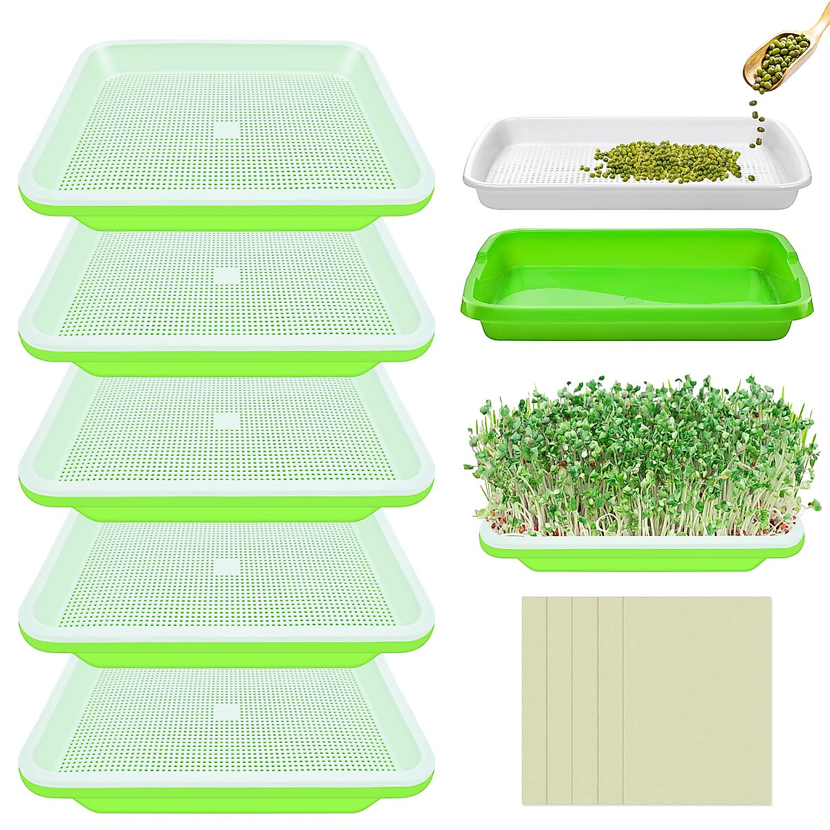 Legigo 5 Pack Seed Sprouter Trays- Soil-Free Cultivation Germination Tray, BPA Free Micro Greens Growing Trays Seed Sprouting Trays Kit with Germinating Paper for Healthy Wheatgrass, Beans and More