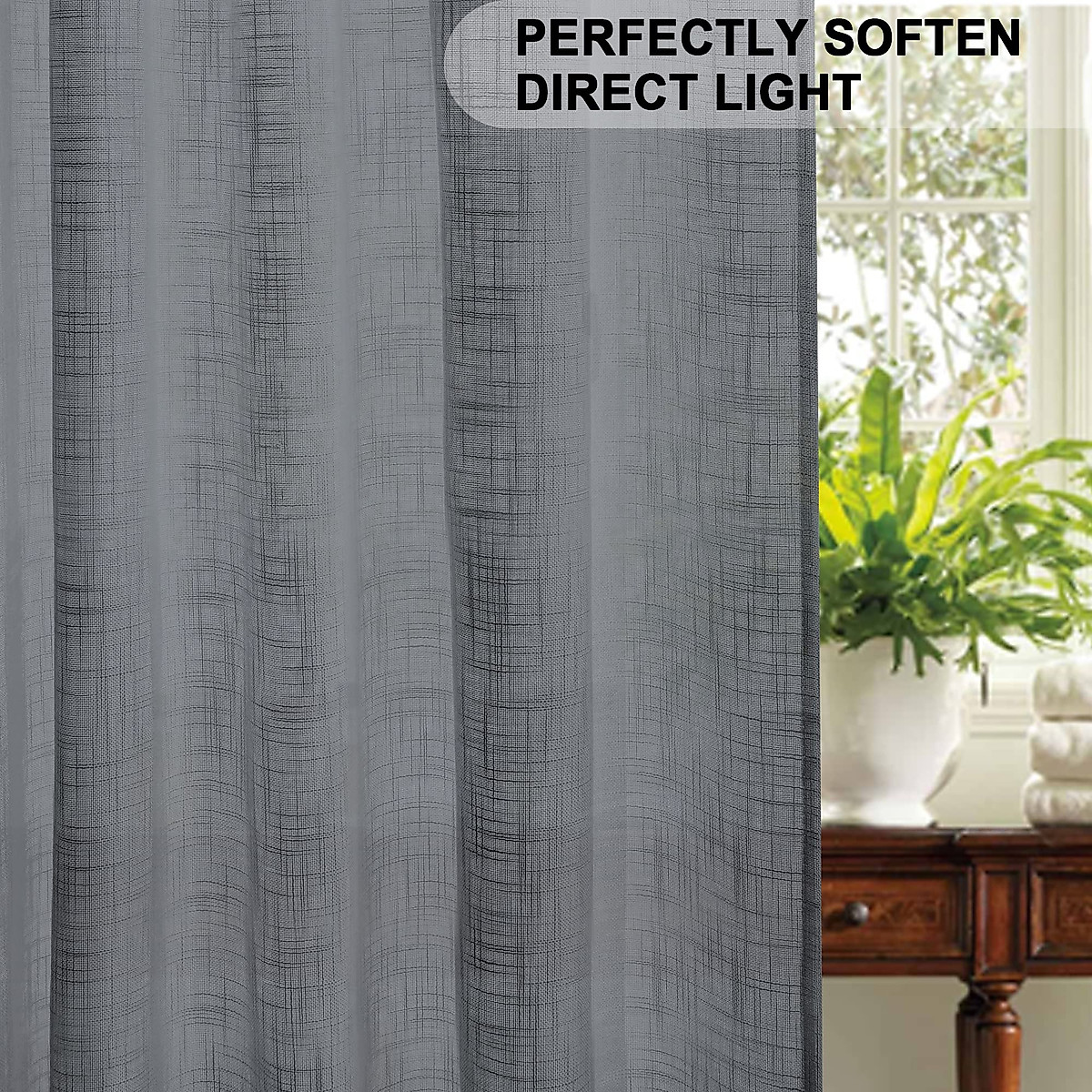 Kinryb Dark Grey Linen Sheer Curtains 95 inch Length for Living Room Soft Grommet Top Extra Long Semi Sheer Window Treatment Privacy Curtain Sets for Bedroom Dark Grey 52”W x 95”L 2 Pieces