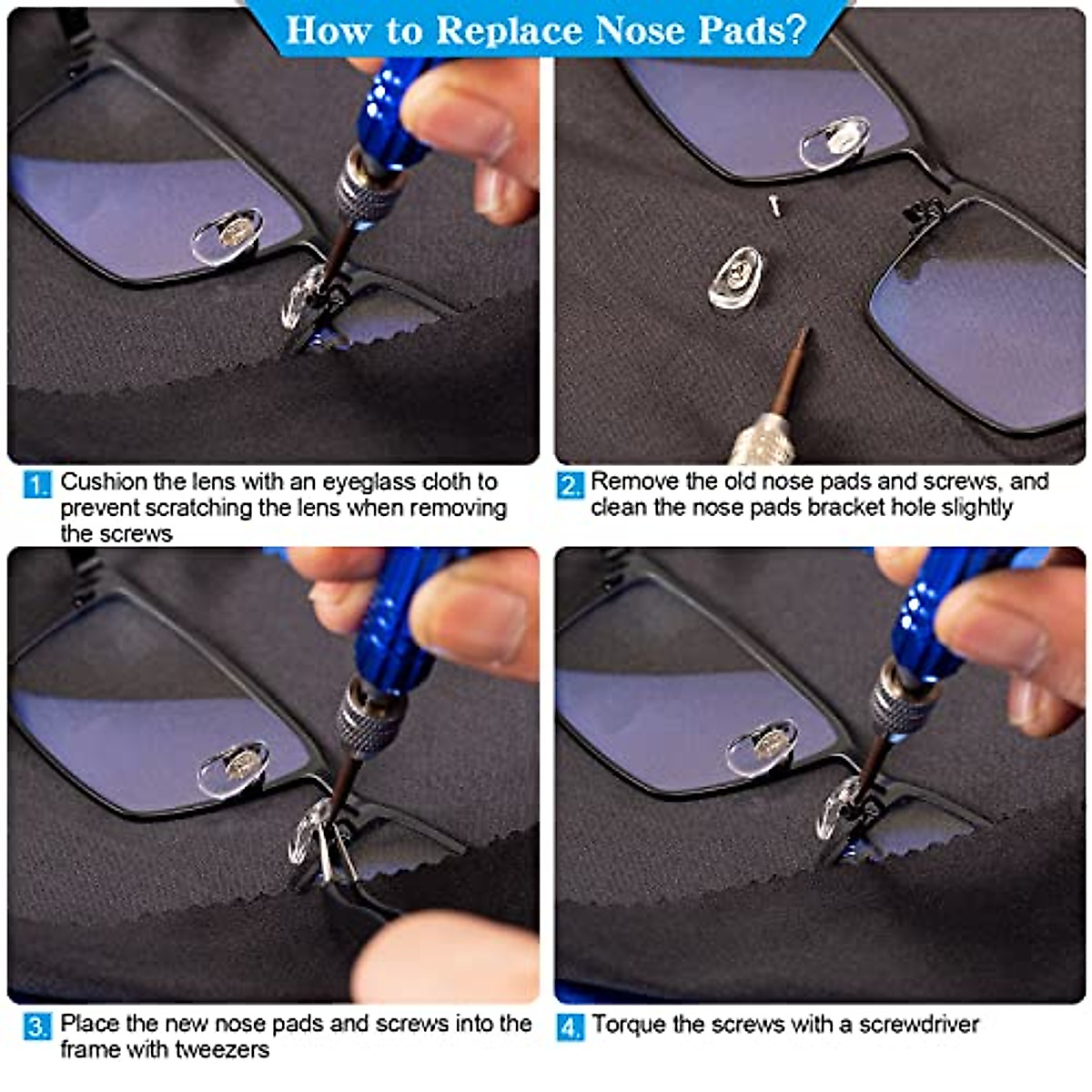 kzj Eyeglass Repair Kit,Upgrade Glasses Repair Kit with Screws,Nose Pads,Screwdriver,Tweezers and Cleaning Cloth for Glasses,Sunglasses,Watch Clock