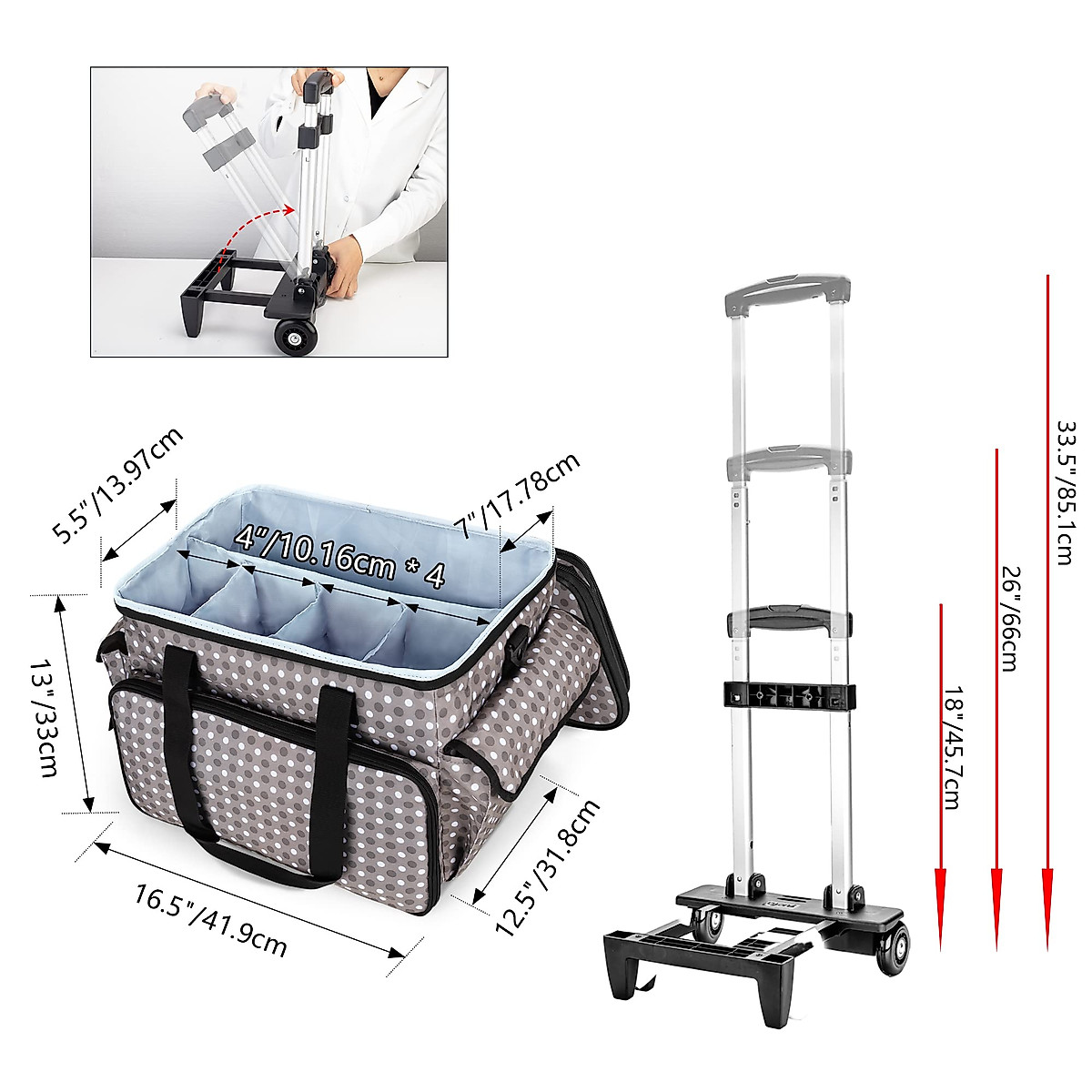 Teamoy Yarn Bag Organizer on Wheels, Rolling Knitting Bag with Wheels for WIP, Crochet Hooks, Knitting Needles and Supplies(No Accessories Included), Gray Dots