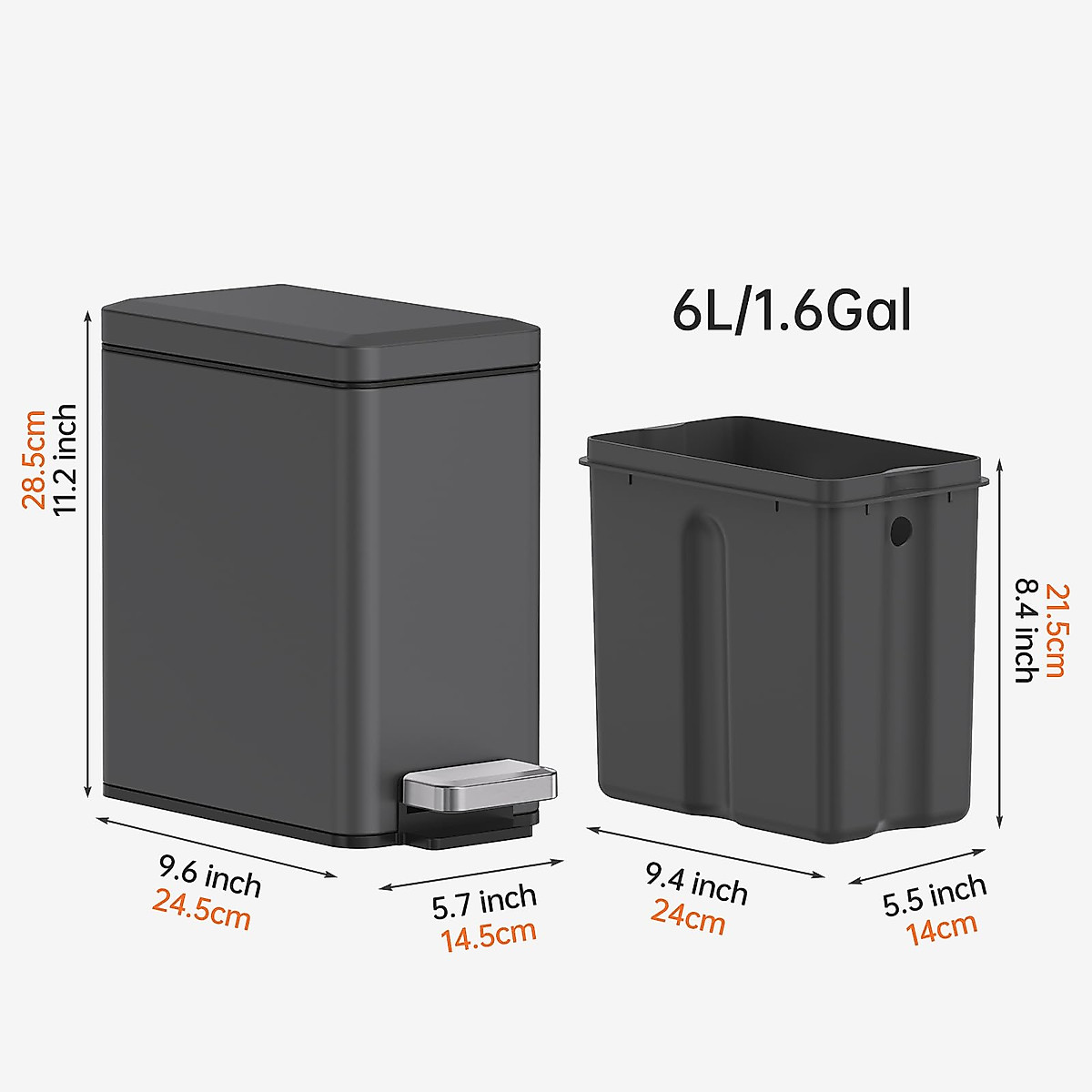 Mbillion Step Trash Can 6 Liter 1.6 Gallon Slim Design Step-On Trash Can with Strong Pedal, Stainless Steel Rectangular Garbage Can, Grey