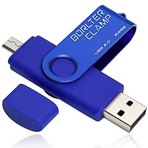BorlterClamp 64GB USB Flash Drive Dual Port Memory Stick, OTG Thumb Drive with Micro USB Drive Port for Android Smartphone Tablet & Computer (Blue)