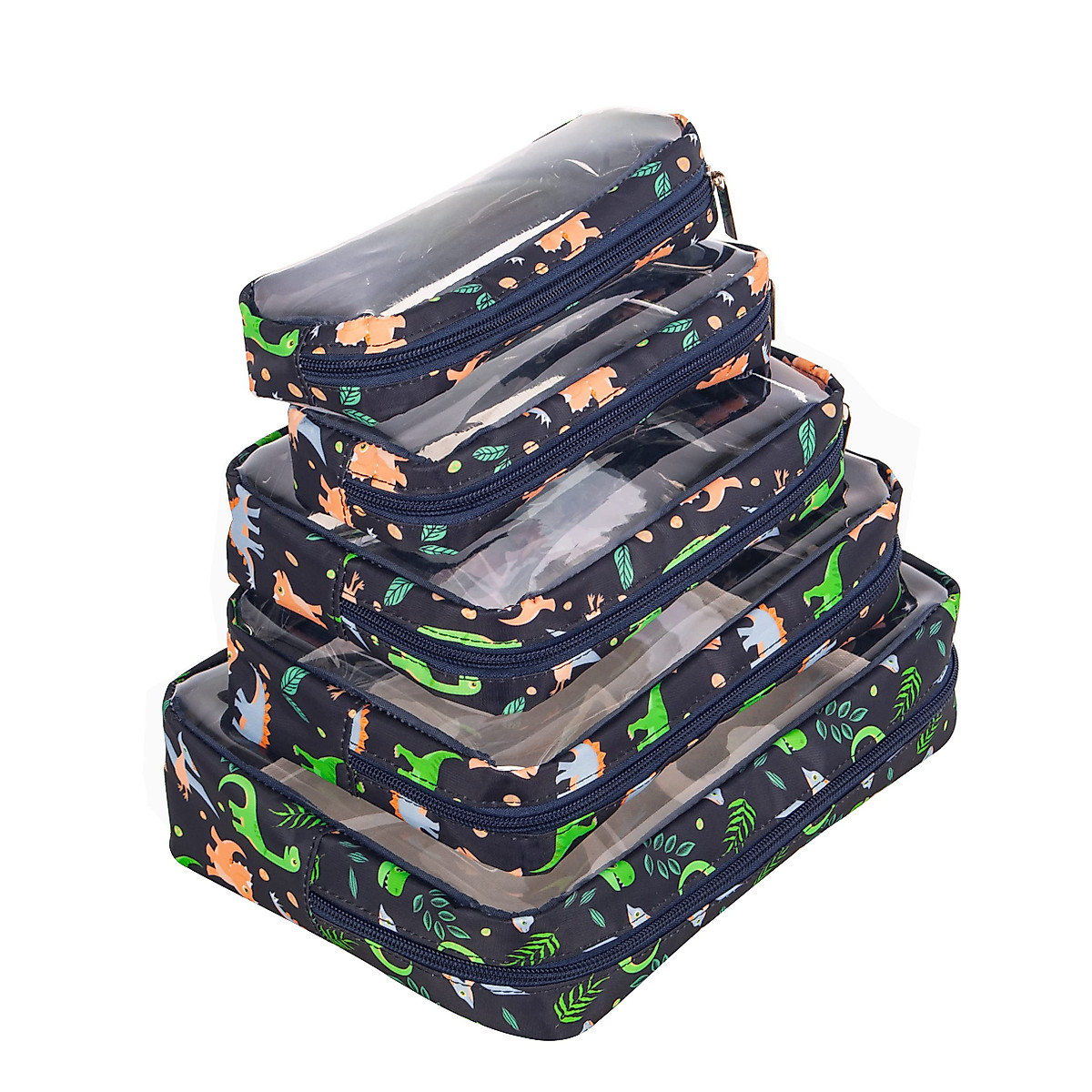 Remobia Hicol TSA Approved 5-Piece Diaper Bag Organizer Pouch Set Clear Waterproof TPU Kids Toiletry Storage Set Travel Packing Clutch Cube Bags for Baby Nursing(Dinosour)