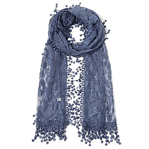 Cindy and Wendy Lightweight Soft Leaf Lace Fringes Scarf shawl for Women (Navy)