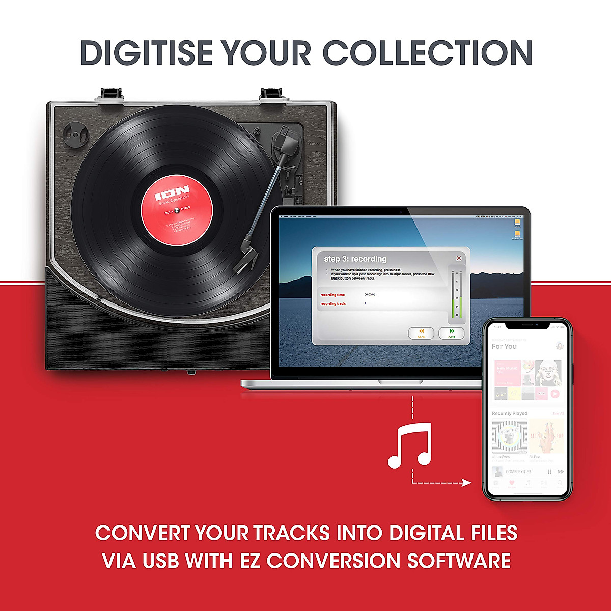 ION Audio Premier LP | Wireless Bluetooth Turntable / Vinyl Record Player with Speakers, USB Conversion, RCA and Headphone Outputs – Black Finish