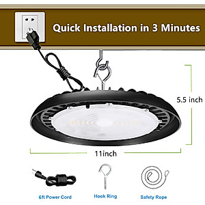 2Pack 150W LED High Bay Light Fixture for Warehouse, 120V 5000K Daylight, 19500LM (600W-800W HPS/MH Eqv.), UFO LED Highbay Lights with US Plug 6FT Cable, UL IP65 Commercial Bay Lighting,Non-Dim