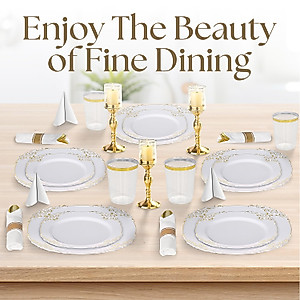 Zulzzy 350 PCS White and Gold Plastic Plates Vintage Design - Includes 50 Dinner Plates, 50 Dessert Plates, 50 Napkins, 50 Cups & Gold Silverware. Ideal for Weddings, Parties & Events.