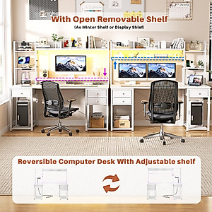 Aheaplus Desk with LED and Outlets, Gaming Desk with Hutch, 55.2'' Computer Desk with Drawers, Reversible Office Desk with Storage Bookshelf Large Workstation Desk with Shelf, Desk for Home, White