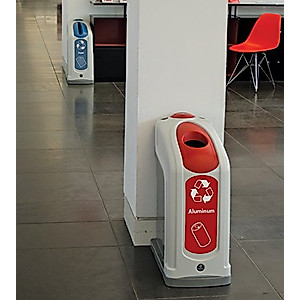 Glasdon Nexus 13G Aluminum Can Recycling Container (Gray, Red Sticker) – Slim 13-Gallon Recycling Bin for Empty Cans – Modern Plastic Bin for Indoor Use