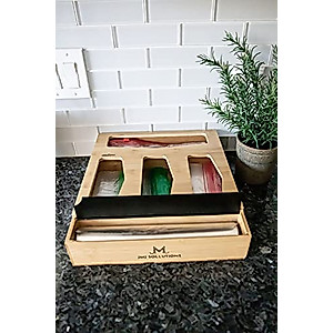 JMJ Ziplock Storage Bag Organizer for Kitchen Drawer, Pantry, Countertop. Bamboo Dispenser Fits Gallon, Sandwich, Quart, Snack. Fits 12" Foil or Plastic Wrap Roll