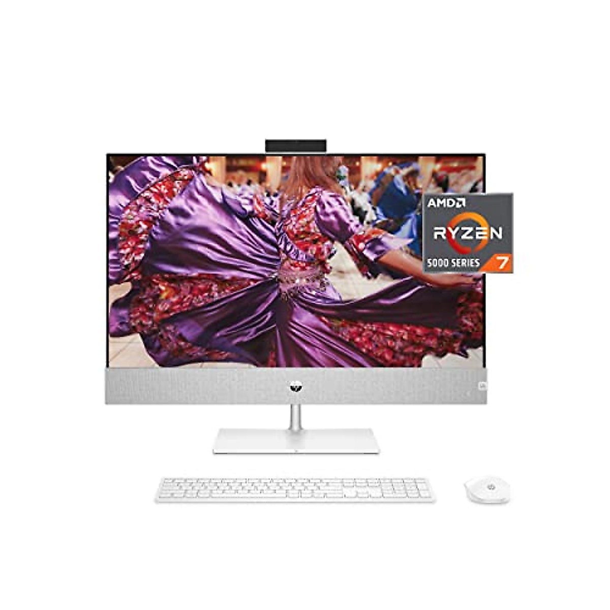 HP Pavilion 27” All-in-One Desktop, AMD Ryzen 7 5700U, 16 GB RAM, 256 GB SSD & 1 TB Hard Drive, Full HD Touchscreen, Windows 11 Home, 5 USB Ports, 5MP Pop-up Camera, Keyboard & Mouse (27-ca0070, 2021)