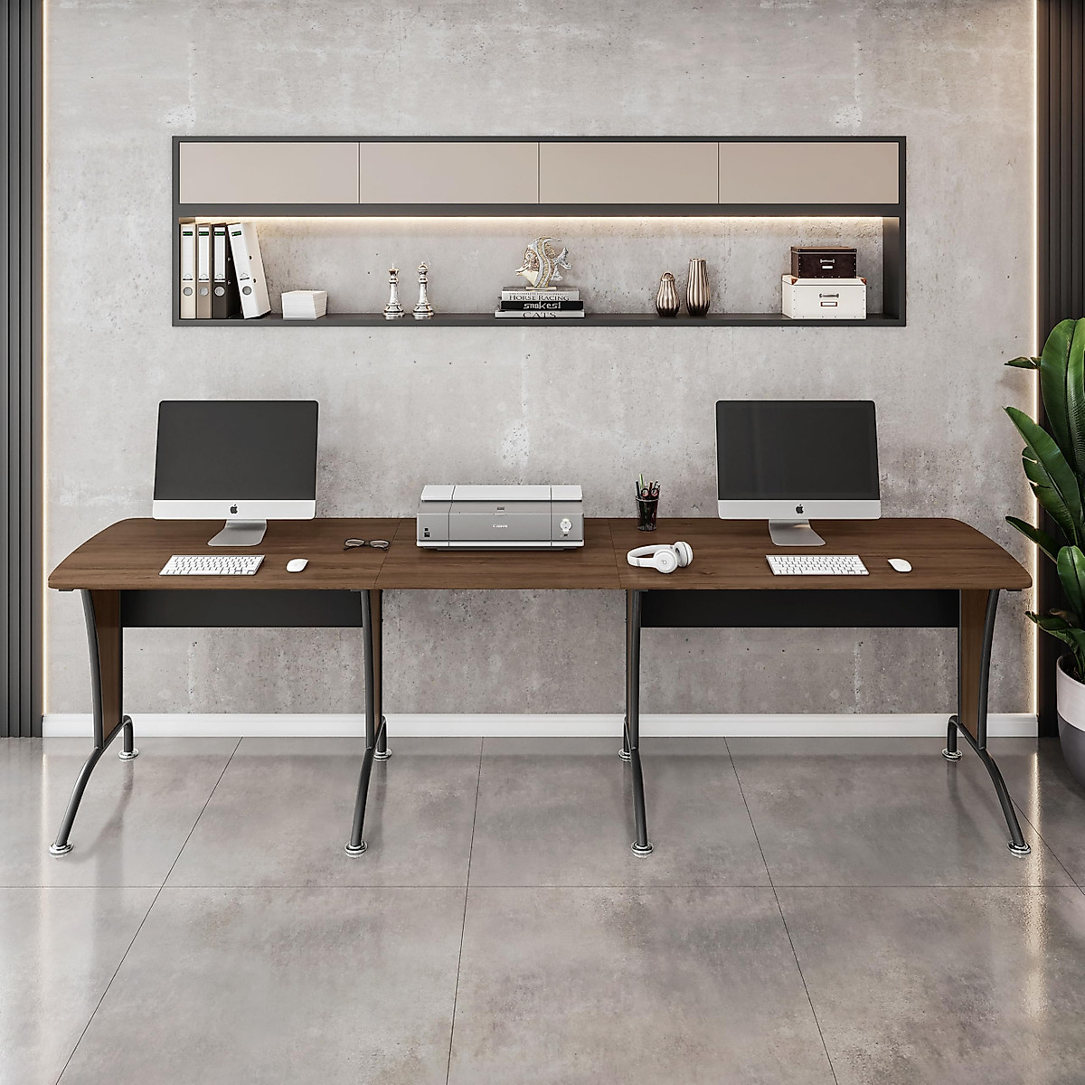 Techni Mobili Deluxe L Shaped, Corner Configurable as Left/Right-Handed L Inline, Durable Steel Frame with Spacious Work Area, Walnut and Grey Office Desk, 67” W x 57” D x 29” H