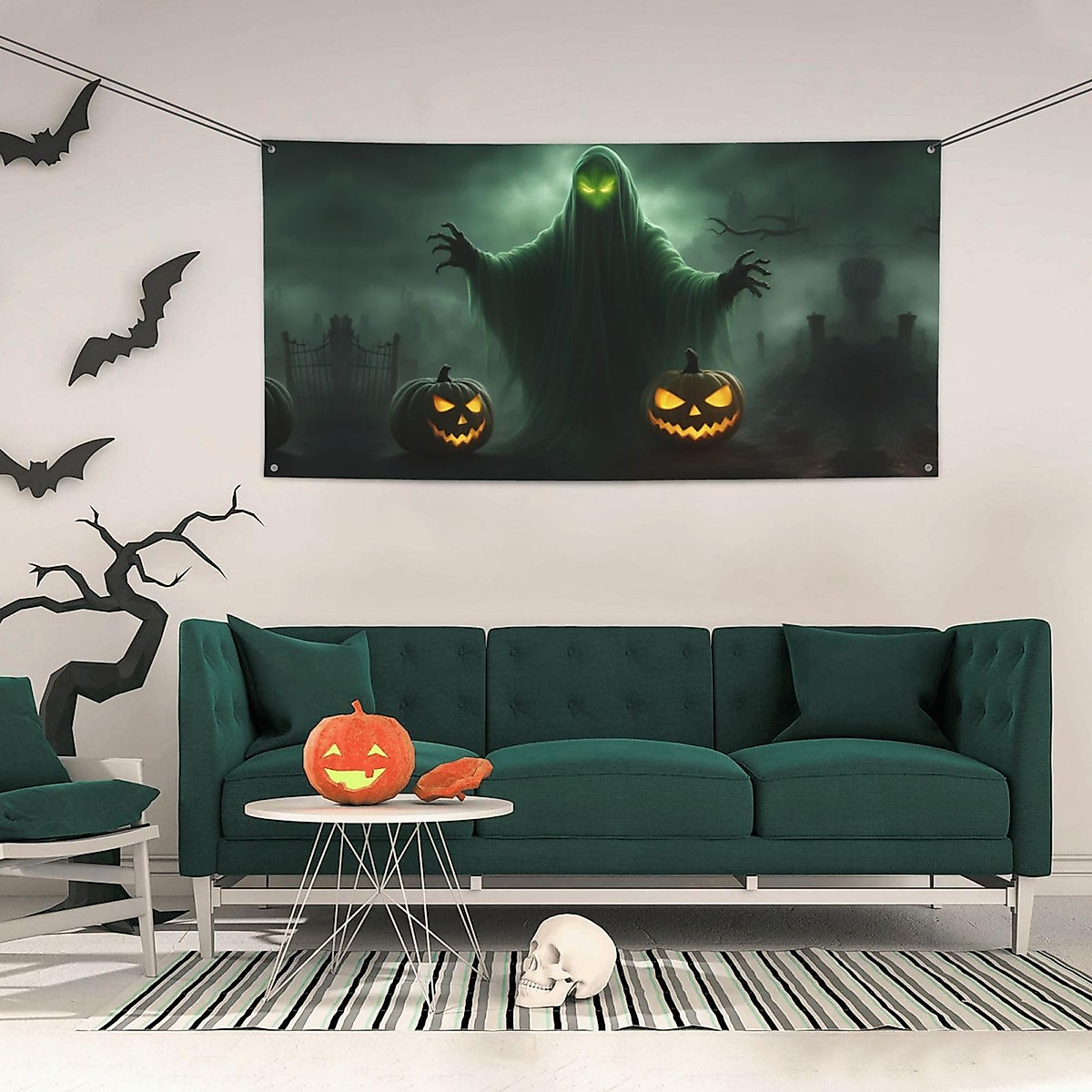 Banners and Signs for Outdoor 35x71 Backdrop for Birthday Party Business Graduation Wedding Event,Green Ghost Horror Halloween Pumpkin