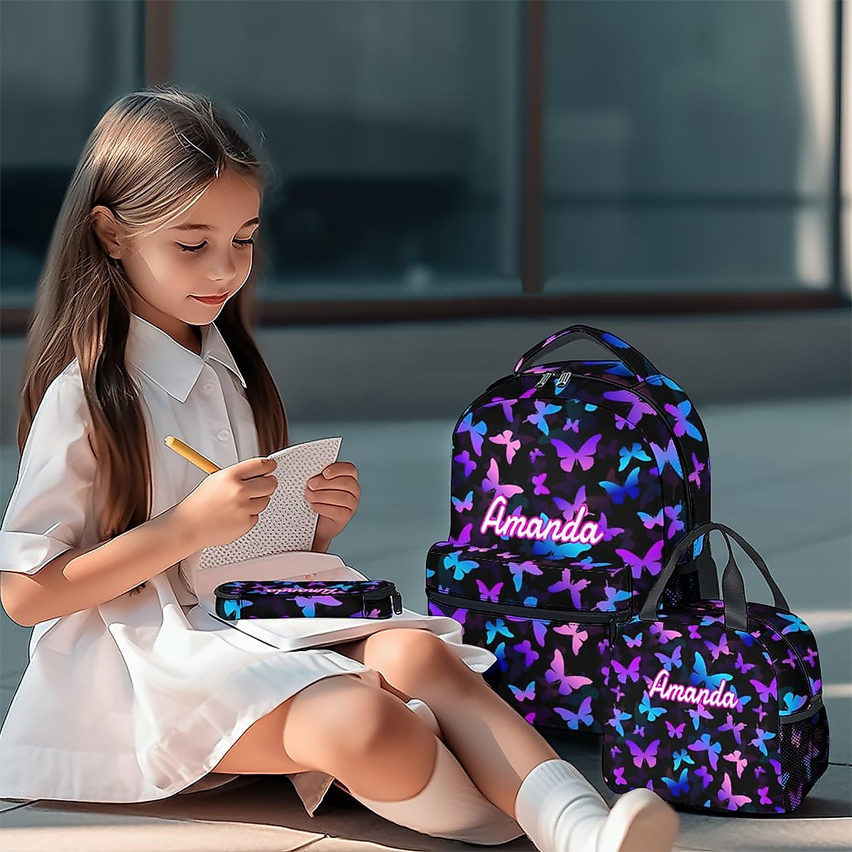 GIHSWE Custom Butterfly Backpack with Lunch Box, Personalized Set of 3 School Backpacks Matching Combo, Cute Lightweight Purple Bookbag and Pencil Case Bundle