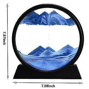 rysnwsu 3D Dynamic Sand Art Liquid Motion, Moving Sand Art Picture Round Glass 3D Deep Sea Sandscape in Motion Display Flowing Sand Frame Relaxing Desktop Home Office Work Decor (Blue, 7'')