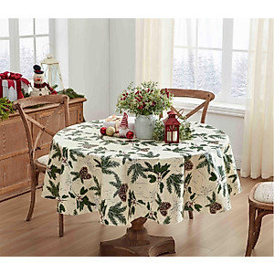 Newbridge Joyful Holly Country Rustic Vinyl Christmas Tablecloth with Flannel Backing, Holly and Berries Winter Holiday Vinyl Flannel Back Tablecloth, 70 Inch Round
