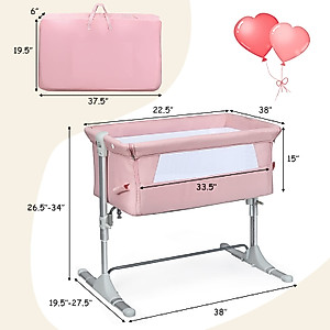 INFANS Baby Bassinet Bedside Crib, Newborn Bedside Sleeper Crib for Infants, Adjustable Height, Breathable Mesh, Detachable Washable Mattress, Portable Bassinet with Carrying Bag (Pink)