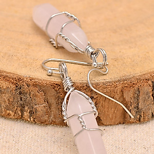 Paialco Hand Wired Natural Rose Quartz Healing Crystal Point Chakra Dangling Earrings