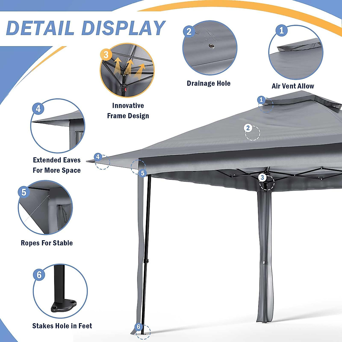 UDPATIO 13'x13' Pop up Gazebo Canopy Tent, Outdoor Patio Waterproof Gazebo with Mosquito Netting for Lawn, Garden, Backyard and Deck, Grey