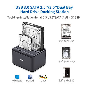 SSK Aluminum Hard Drive Docking Station, USB 3.0 to SATA Dual Bay External HDD Dock Caddy Reader for 2.5 & 3.5 inch SATA HDD SSD, with UASP Offline Cloner/Duplicator Function(2x20TB Supports) Black